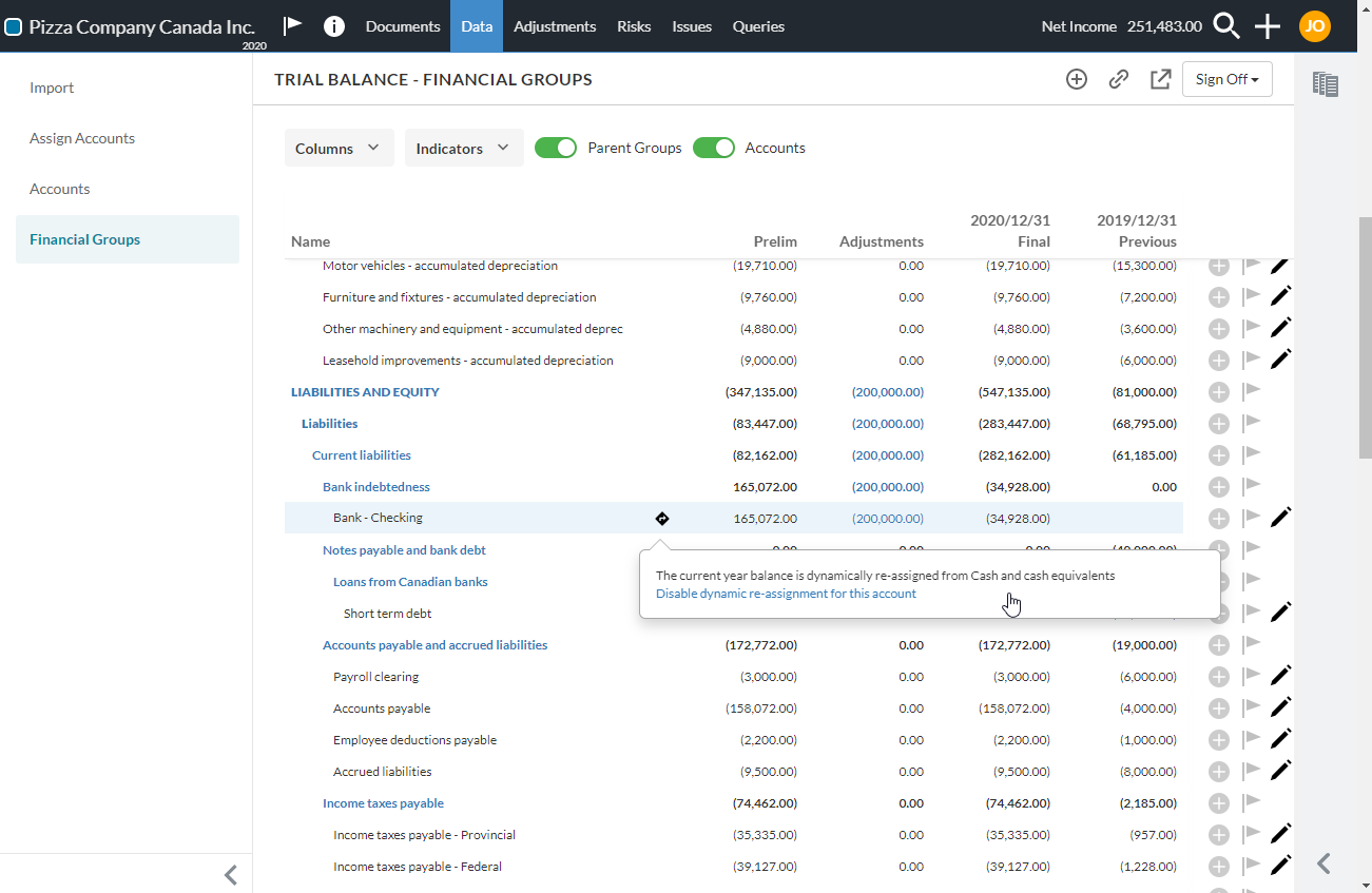 Dynamic account reassignment in the Data page