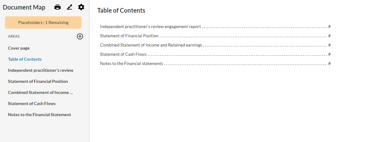 Replace text and field placeholders in the financial statements