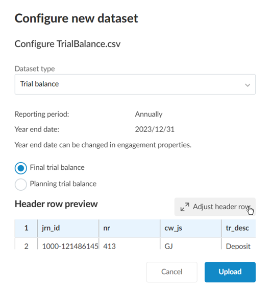 Set up and import a trial balance containing dimensions