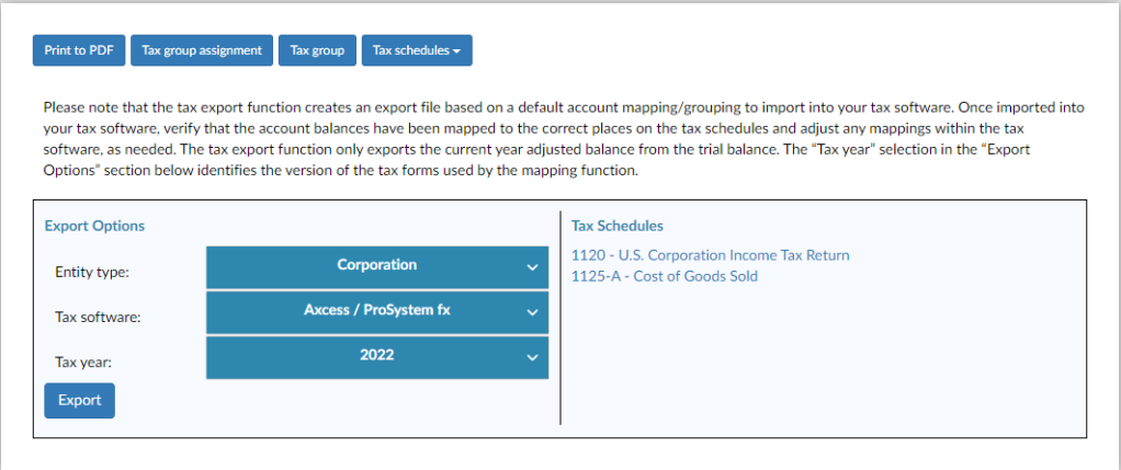 Perform a tax export