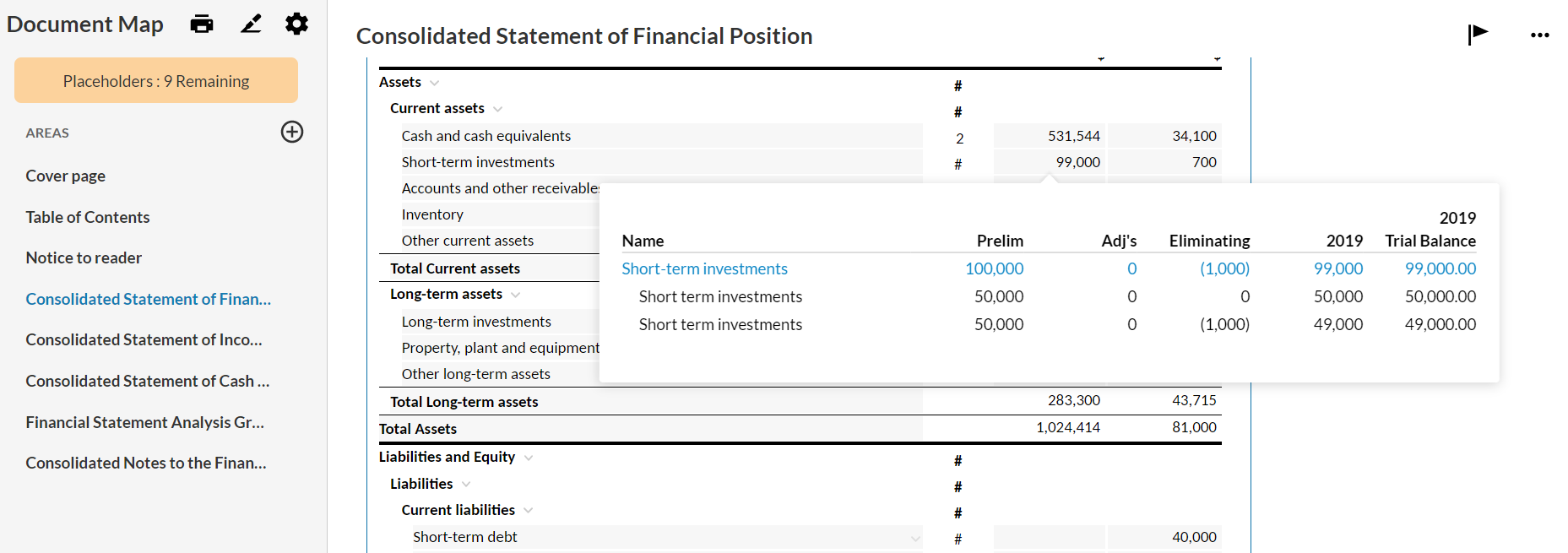 View details of accounts and groups in the financial statements
