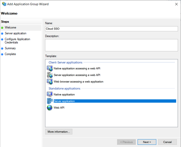 Create a new application group (ADFS)