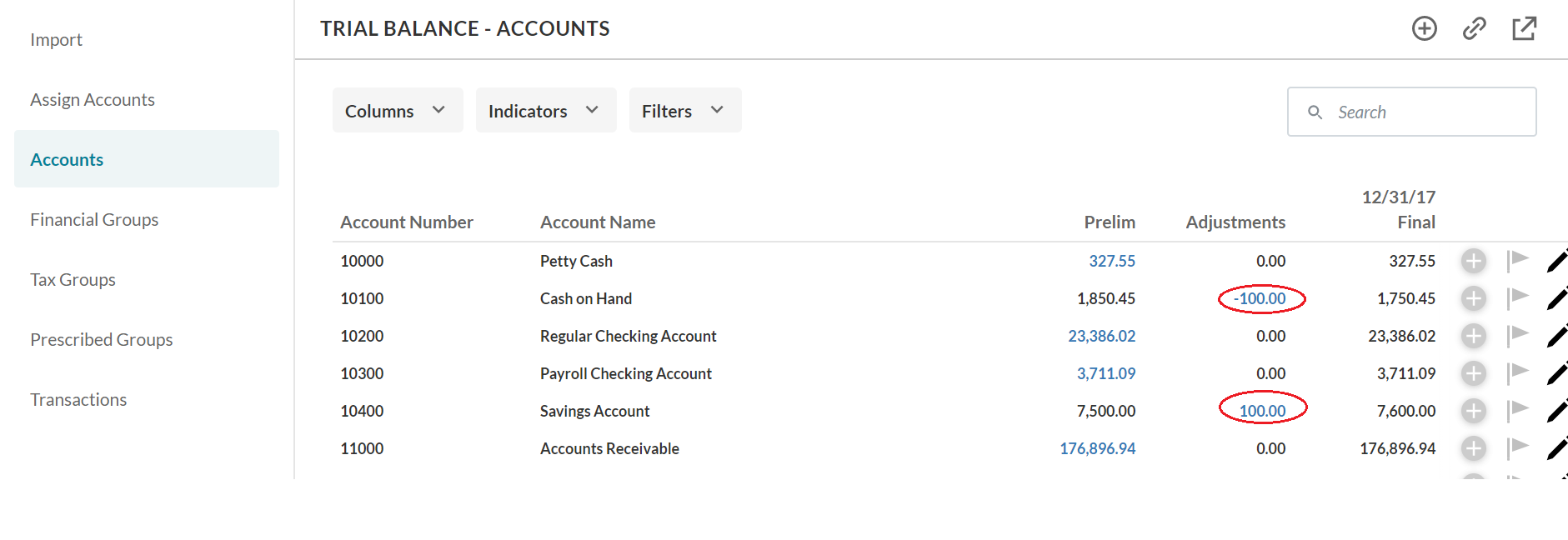 View the client's trial balance data