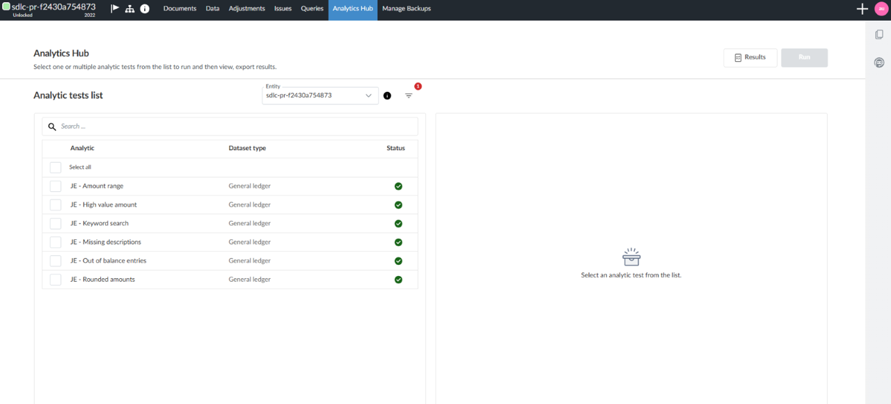 Run analytic tests from checklists and Analytics Hub