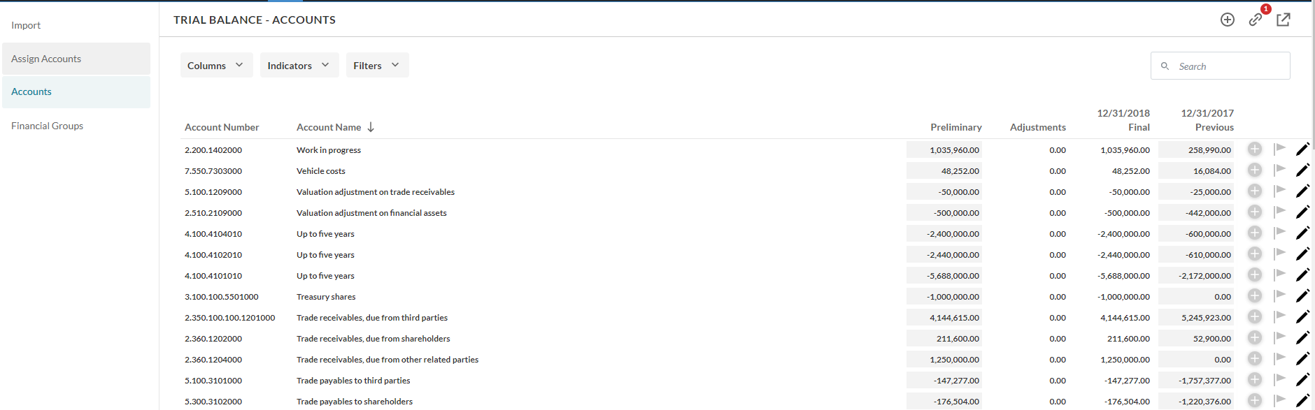 Assign accounts to groups in the Data page