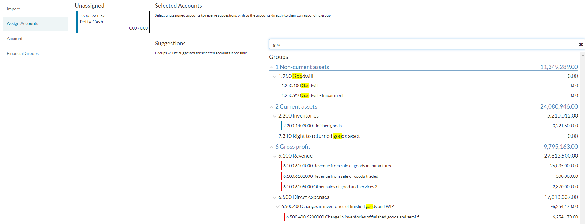 Assign accounts to groups in the Data page