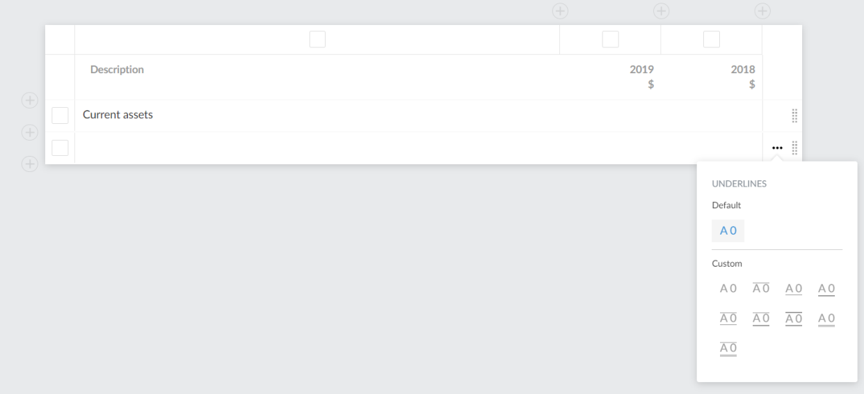 Edit table rows in the financial statements