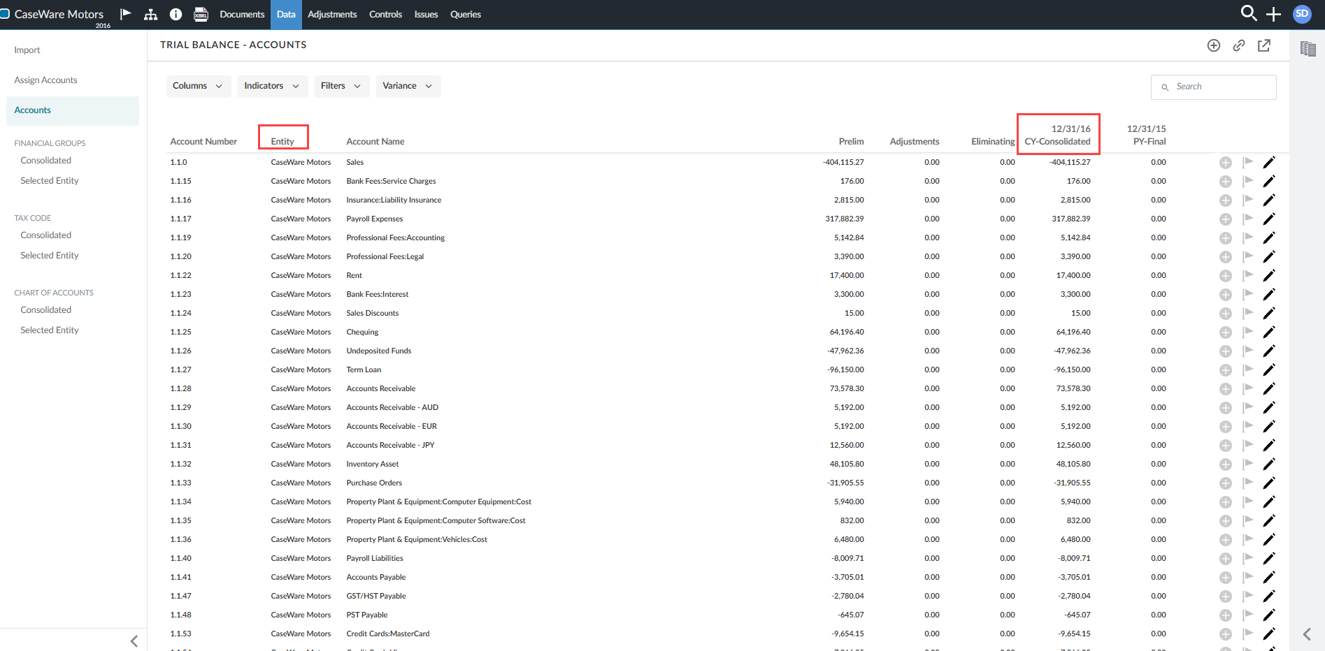 View data for consolidation engagements in the Data page