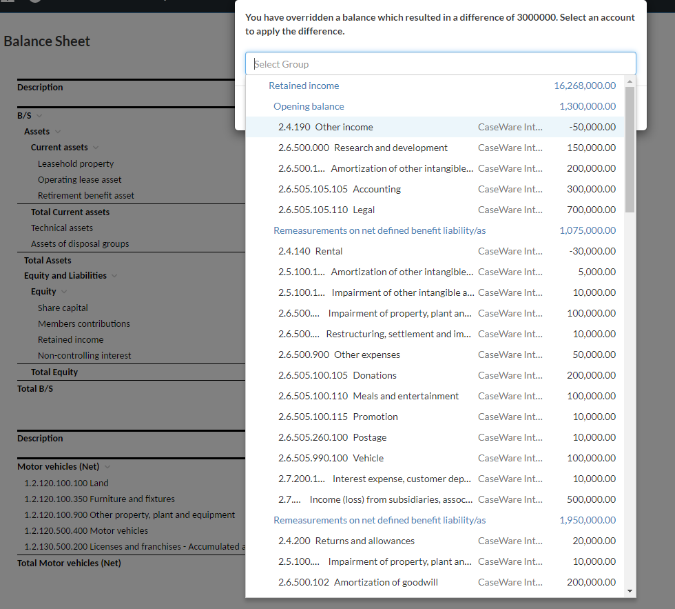 Review group and account balances in the financial statements
