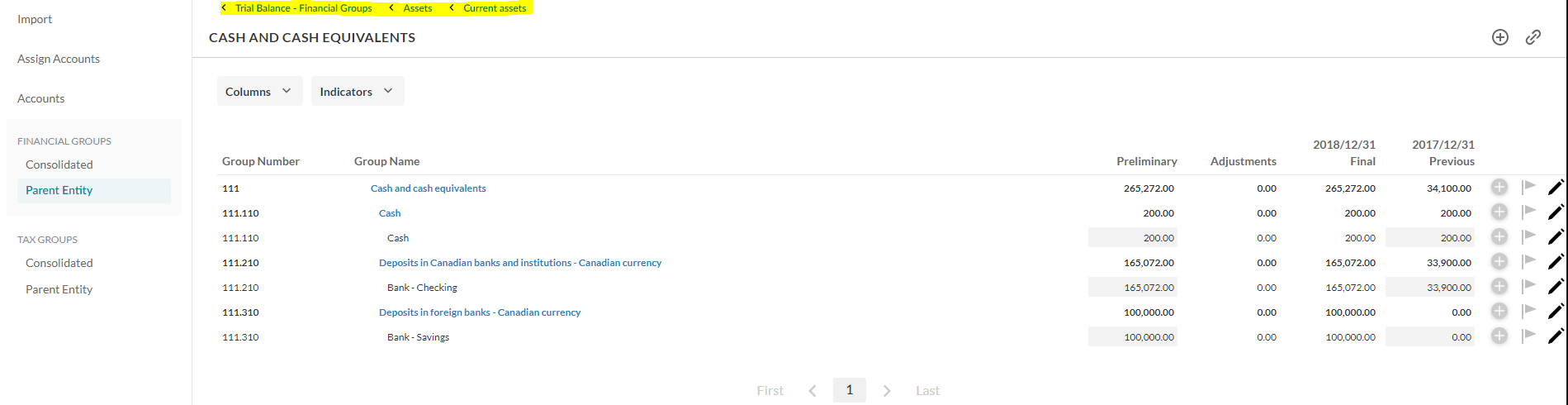 View the client's trial balance data