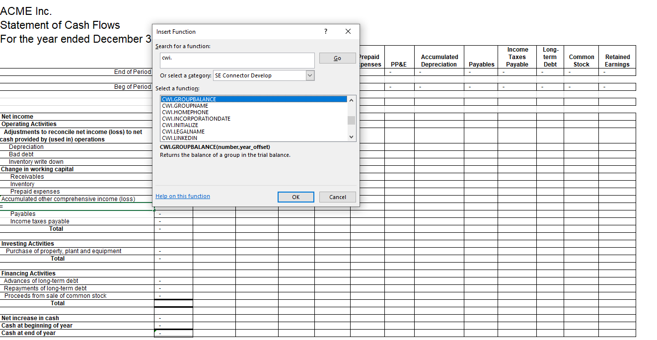 Insert data using MS Excel formula dialog with Cloud Connector
