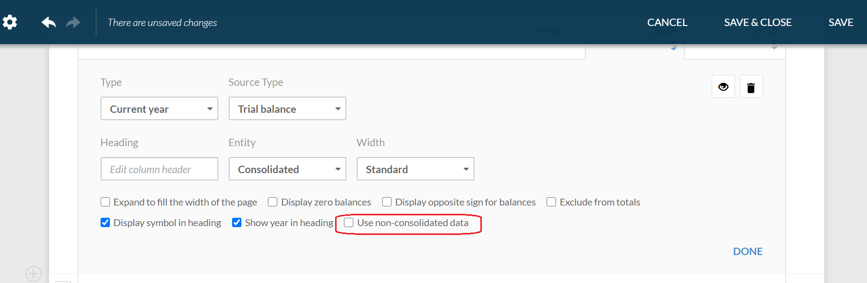 Use non-consolidated balances in the financial statements