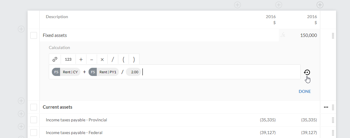 Add or edit a calculation in table cells in the financial statements